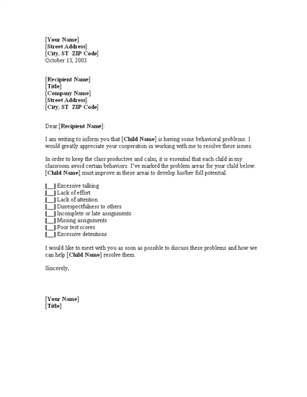 Letter To Parents About Student s Behaviour In Classroom Professional 
